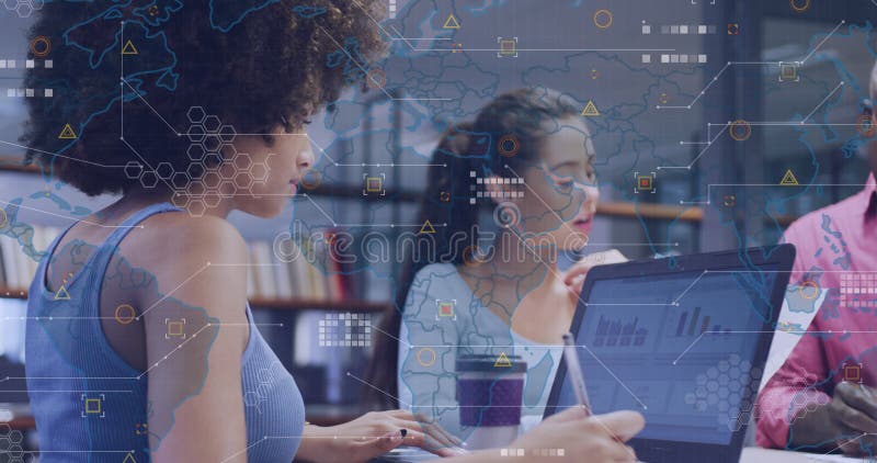 Image of World Map Over Diverse Business People Working at Office Stock ...