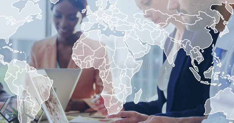 Image of World Map Over Diverse Colleagues Working in Office Stock ...