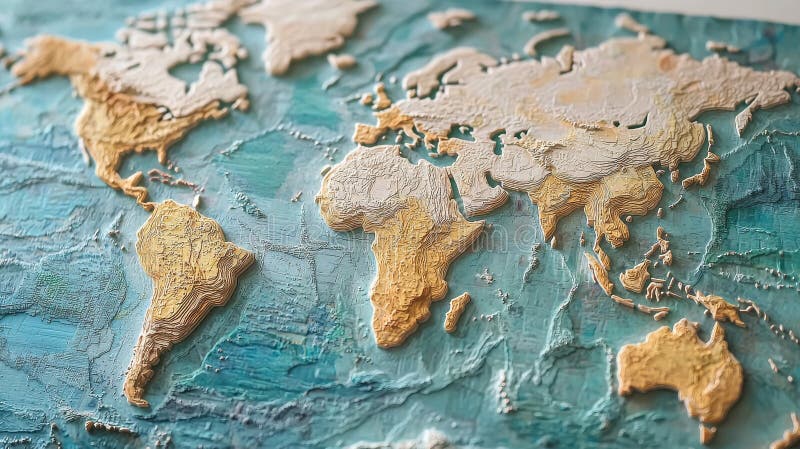 An Image of a World Map Sculpture in 3D. High-detail Physical Map with ...
