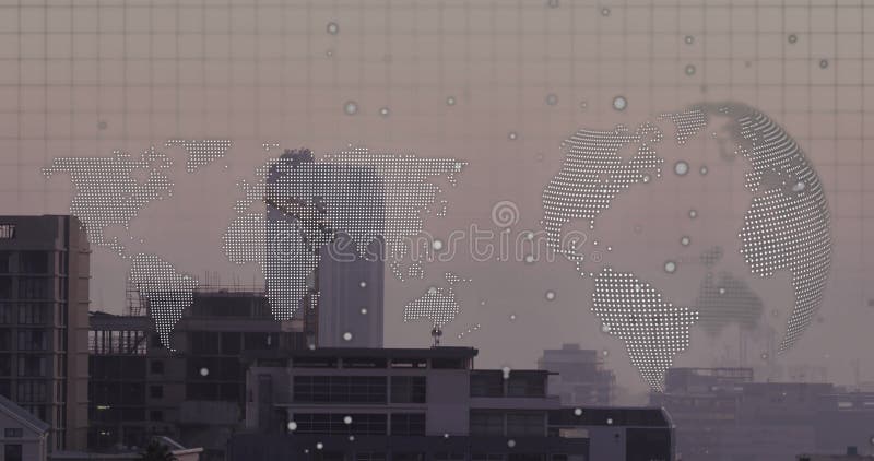 Image of World Map, Spinning Globe and Data Processing Against Aerial ...