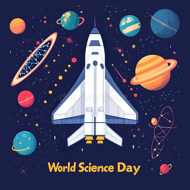 World Science Day Poster Featuring a Space Shuttle Surrounded by Eight ...