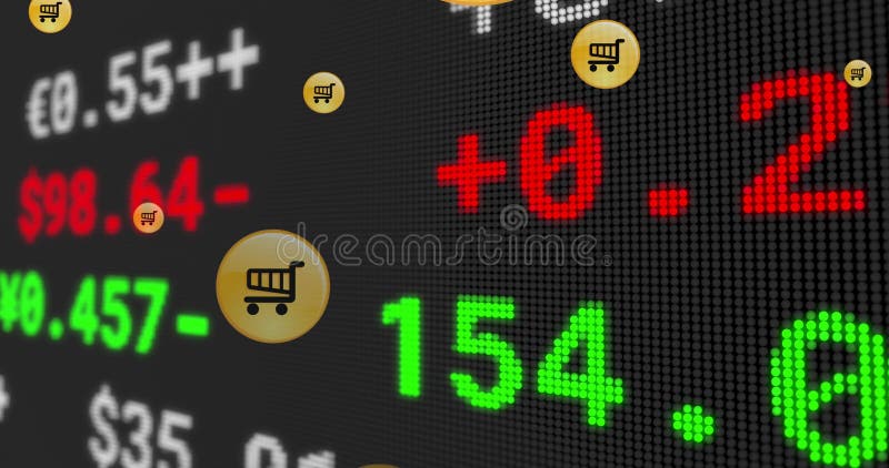 Image of Yellow Digital Online Shopping Icons Flying Up Over Financial ...