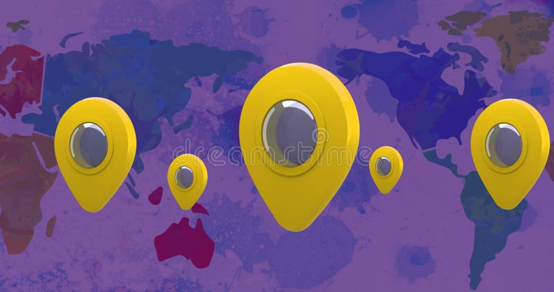 Image of Yellow Location Pins Bouncing Over World Map Stock ...