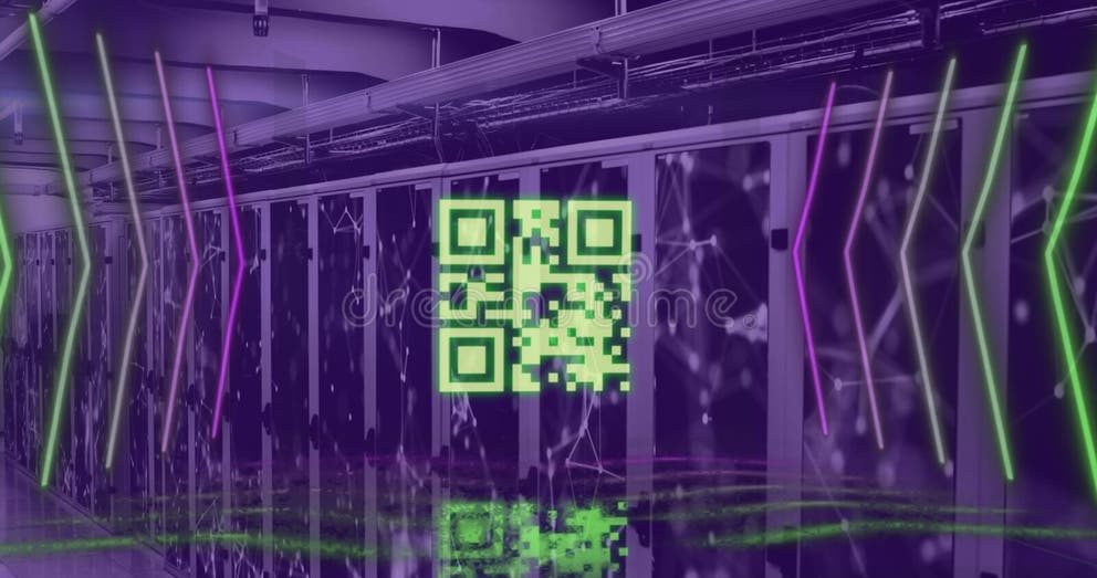 Image of Yellow Qr Code and Neon Lights Over Networks and Computer ...