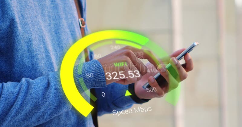 Image of Yellow Speedometer Over Hands of Caucasian Man Using ...