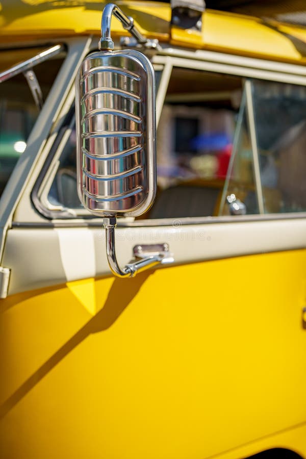 Image of a Yellow Tour Bus with Chrome Rear View Mirror Stock Image ...