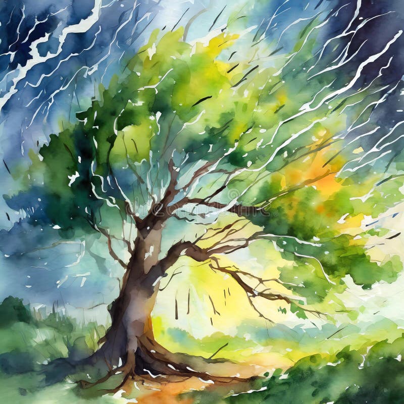 Watercolor Painting of Tree Under Lightning Storm Stock Illustration ...