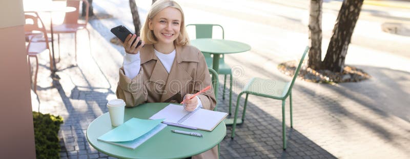 Image of Young Beautiful Girl, Student Studying, Doing Homework in Cafe ...