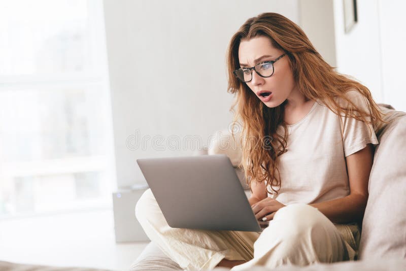 Shocked Lady Using Laptop Computer. Stock Photo - Image of laptop ...