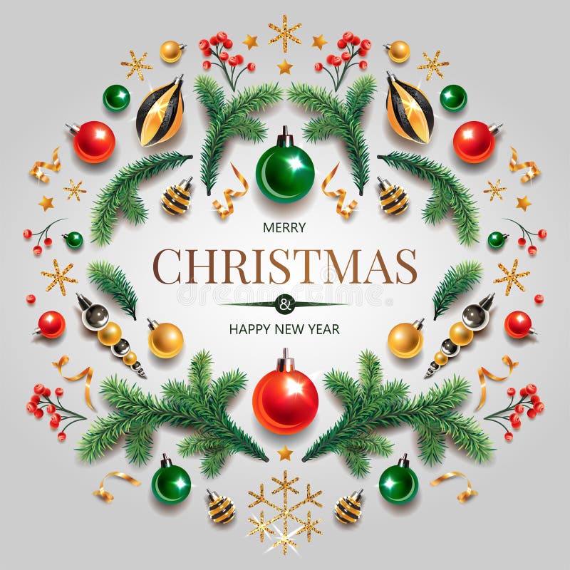 Decorative Border from a Christmas Tree Branches, Gifts, Ribbons, Balls ...