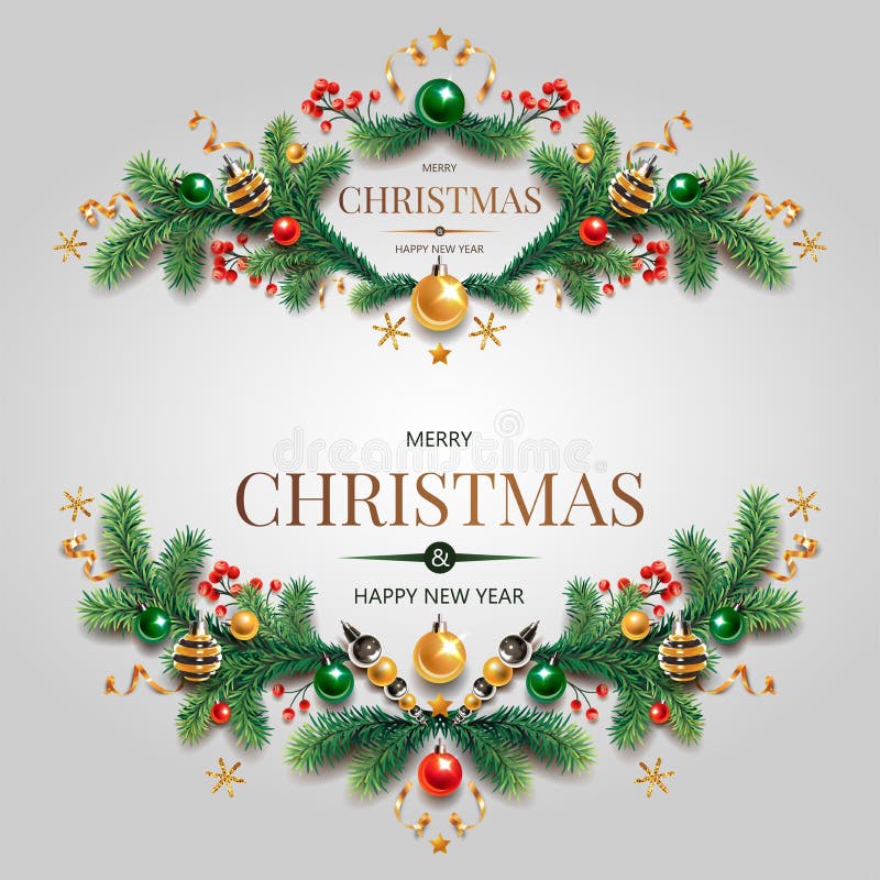 Decorative Border from a Christmas Tree Branches, Gifts, Ribbons, Balls ...