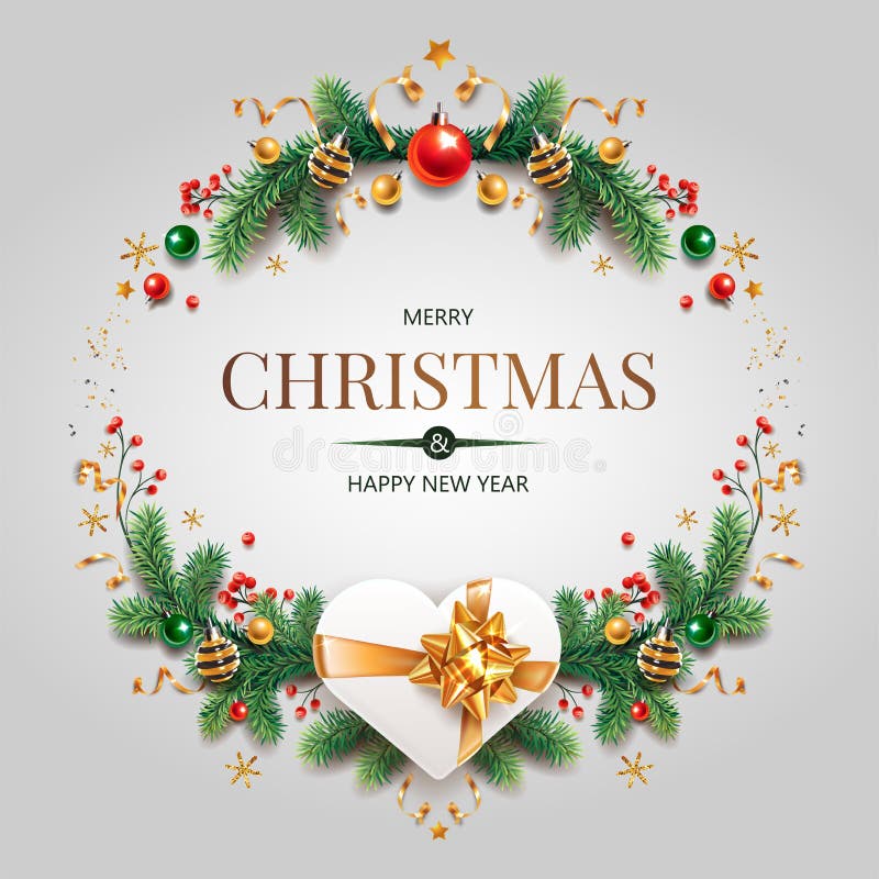 Decorative Border from a Christmas Tree Branches, Gifts, Ribbons, Balls ...