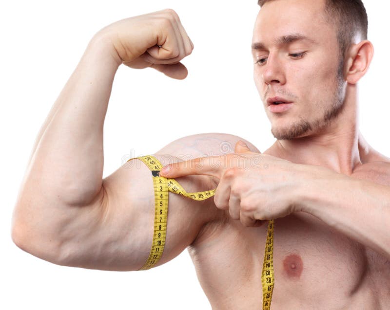 Imagem Da Medida Muscular Do Homem Seu Bíceps Com A Fita De Medição Nos