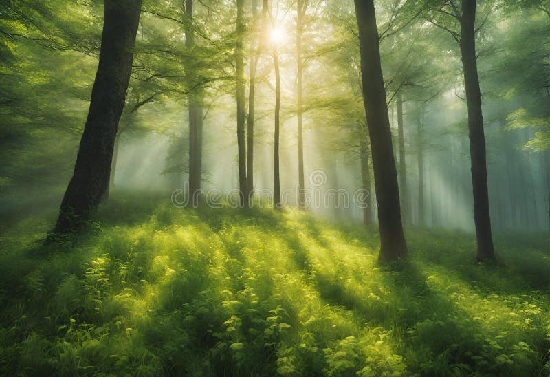 Forest Panorama with Rays of Sunlight, Forest Image, V7 Stock Photo ...
