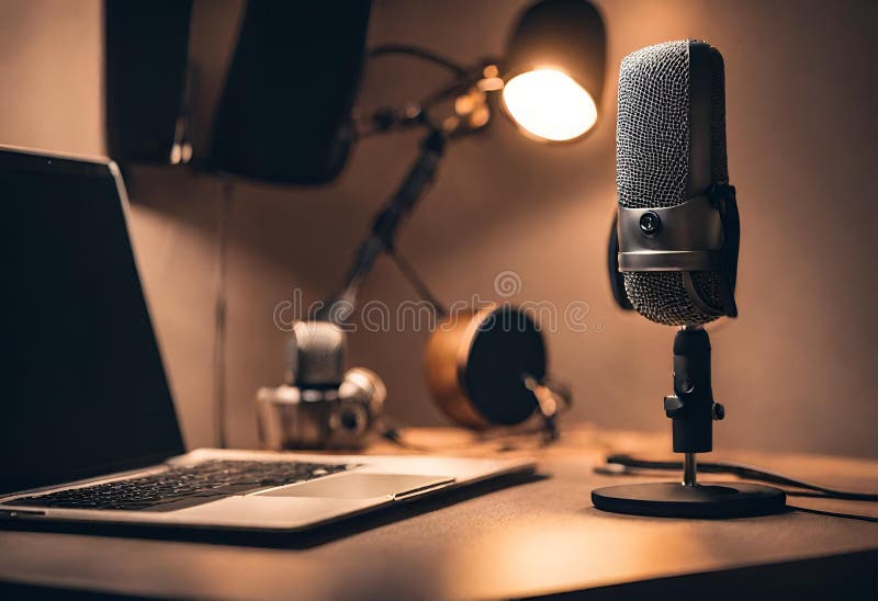 Home Studio Podcast Interior. Microphone, Laptop, Podcast Background ...