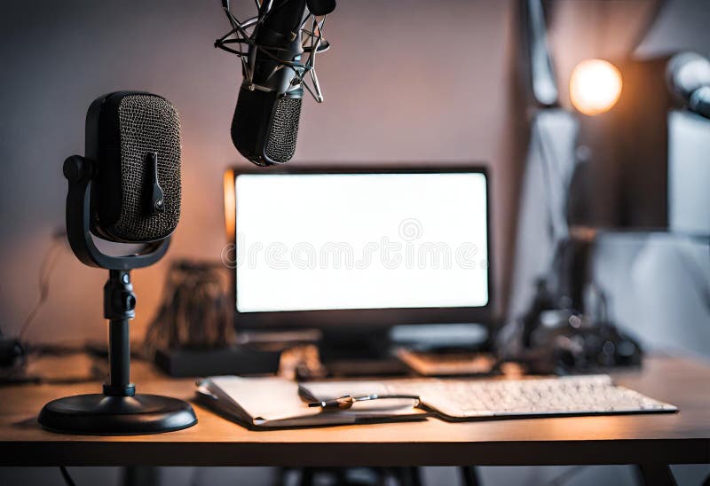 Home Studio Podcast Interior. Microphone, Laptop, Podcast Background ...