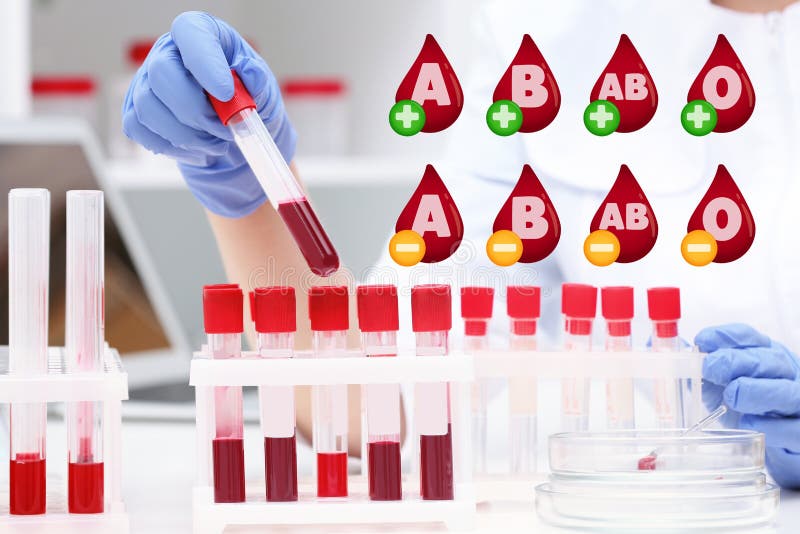 Images of Drops Representing Blood Types and Scientist Working with ...