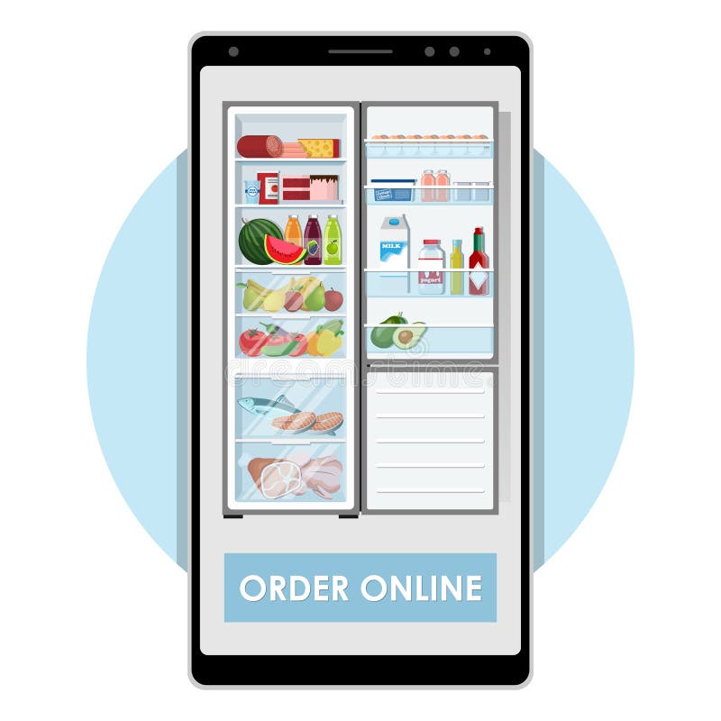 Images of the Refrigerator with Food in the Smartphone Stock Vector ...