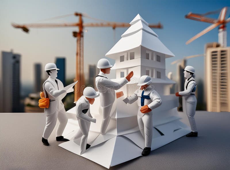 Contruction Workers Inspect a Building and Discussing, 3d Rendering. AI ...