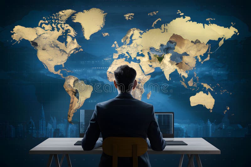 ImageStock Back View of Businessman Looking at Digital World Map on ...
