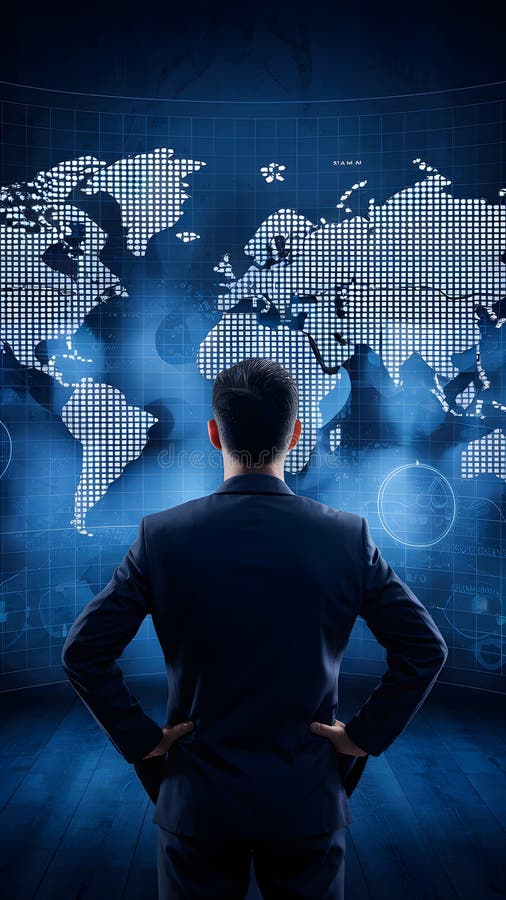 ImageStock Back View of Businessman Looking at Digital World Map on ...