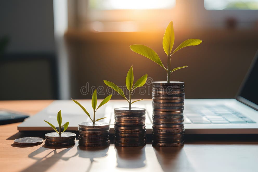ImageStock Financial Growth Visualized Stack of Coins Atop Office Desk ...