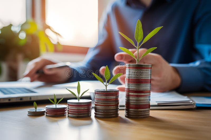 ImageStock Financial Growth Visualized Stack of Coins Atop Office Desk ...