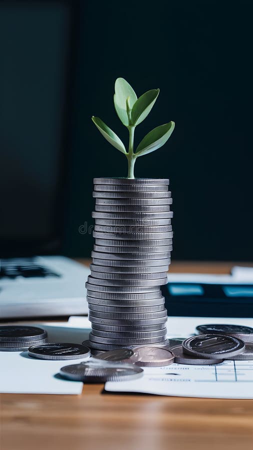 ImageStock Financial Growth Visualized Stack of Coins Atop Office Desk ...