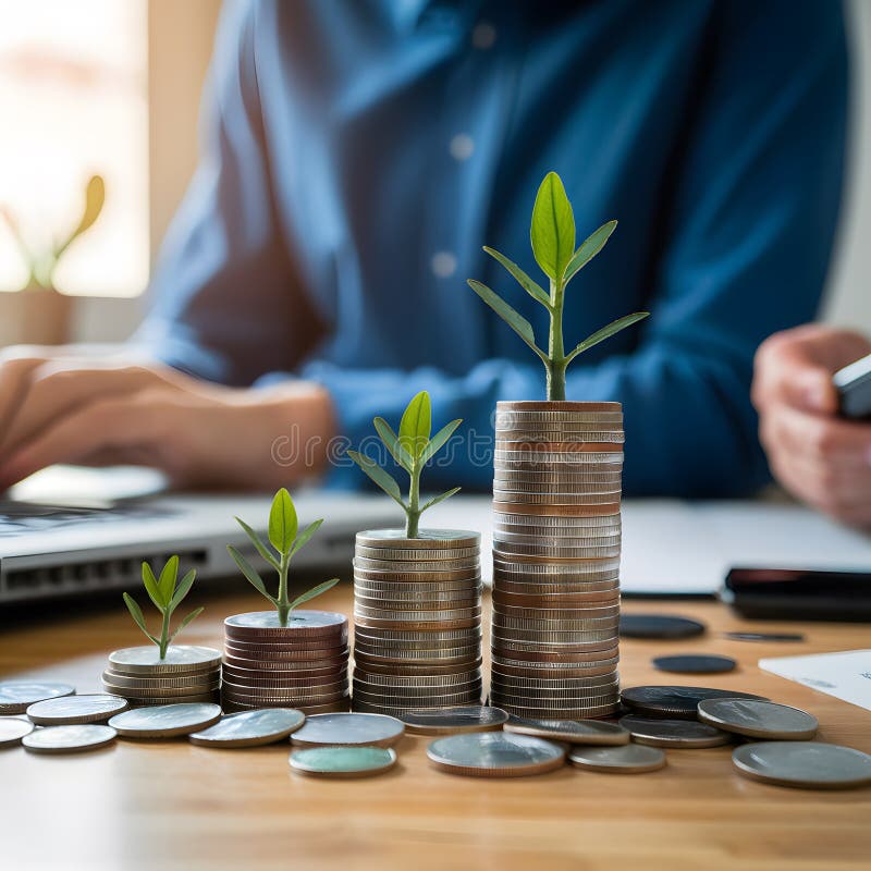 ImageStock Financial Growth Visualized Stack of Coins Atop Office Desk ...