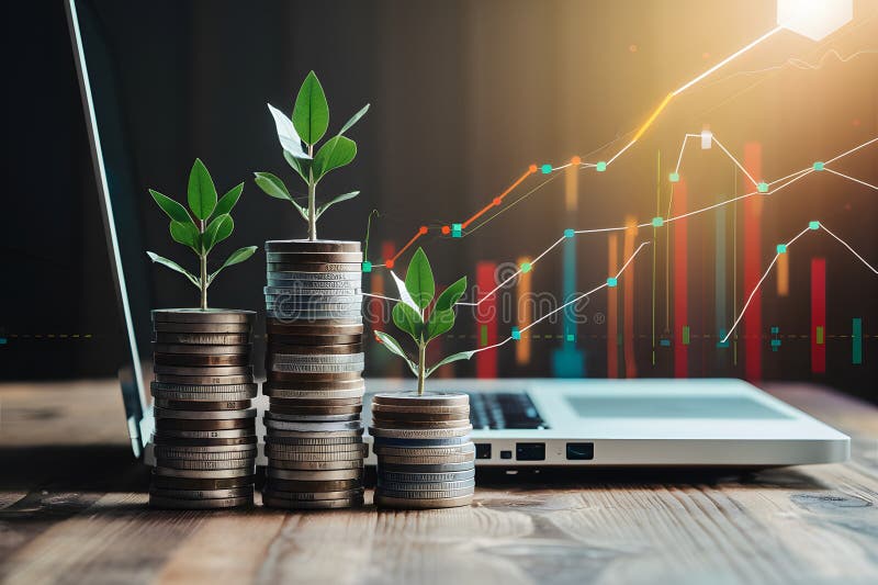 ImageStock Stack of Money Coins with Laptop, Trading Graph, Financial ...