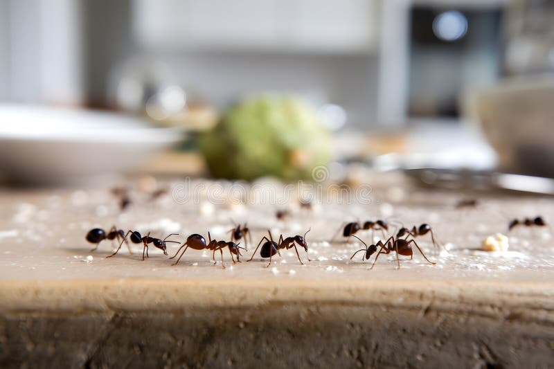 Indoor Kitchen with Ants Foraging on Wooden Surface, Crumbs Scattered ...