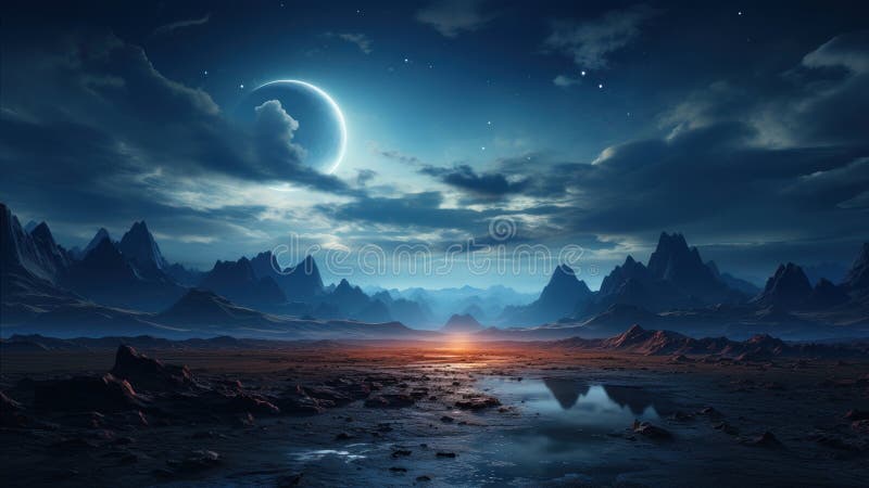 Imaginary Alien Landscape, Planet and Starry Sky Behind Clouds Over the ...