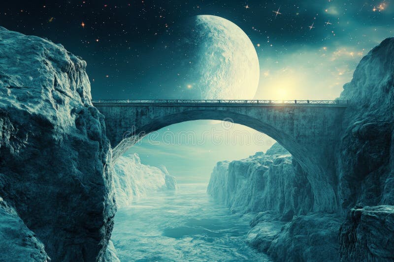 Imaginary Bridge Connecting Rocky Cliffs Under a Large Moon in a ...