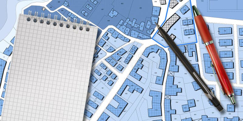 Imaginary Cadastral Map of Territory with Buildings, Roads and Land ...