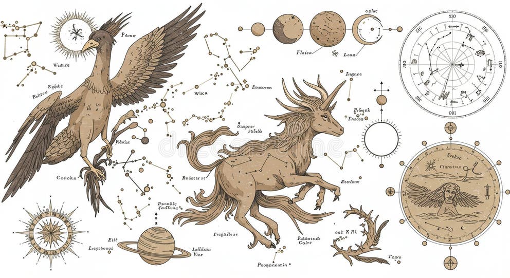 Imaginary Celestial Map with Mythical Creatures and Astral Symbols. a ...