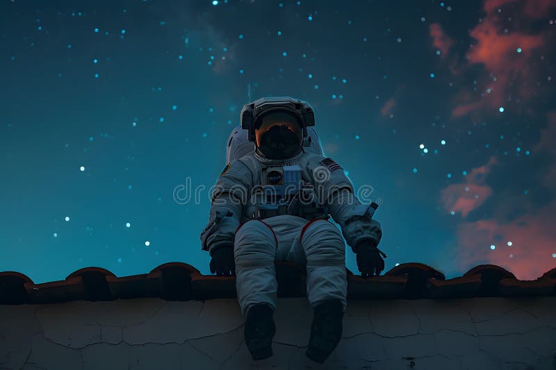 An Imaginary Creation of an Astronaut Sitting on a Roof at Night Stock ...
