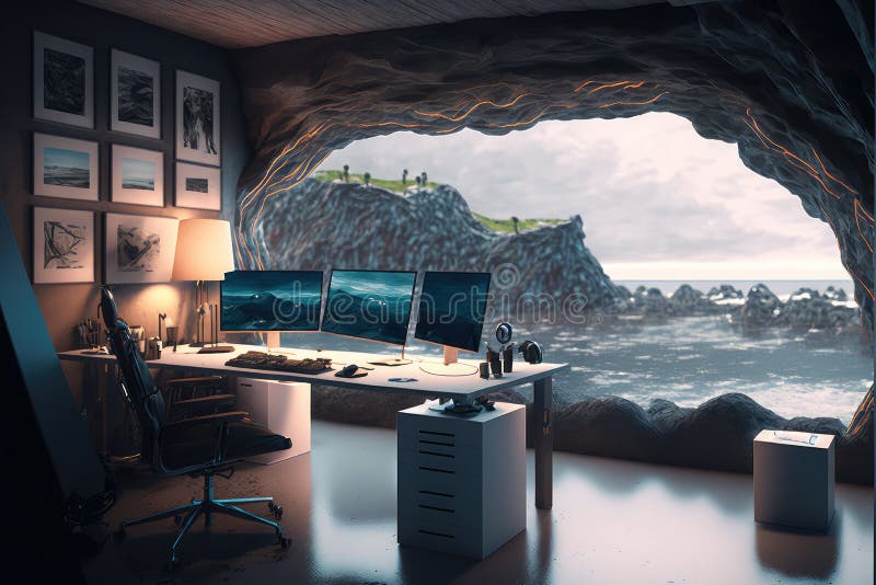 Imaginary Home Workspace in Rocky Cave with Window Overlooking Ocean ...