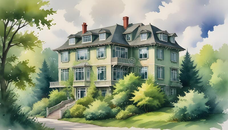 Imaginary House with Bay Windows and Balcony Surrounded by Trees Under ...