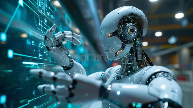 Imaginary Illustration of Android Robot in Front of Touch Screen in ...