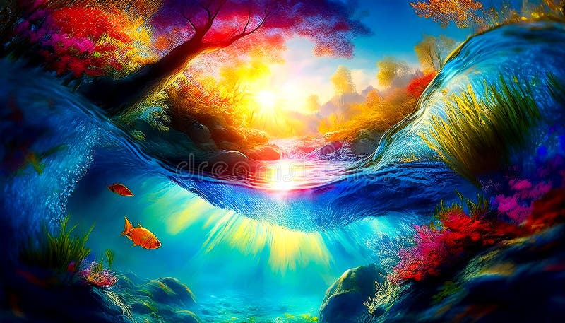 An Imaginary Image Showing Life in a River Bed with Trees and Sunshine ...