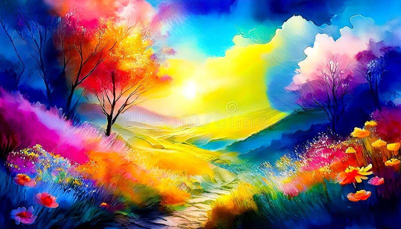 An Imaginary Image Showing a Landscape with Trees and Sunshine Stock ...