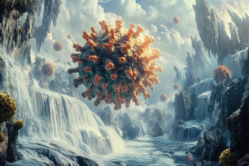 Imaginary Landscape Featuring Floating Viruses in a Surreal Environment ...