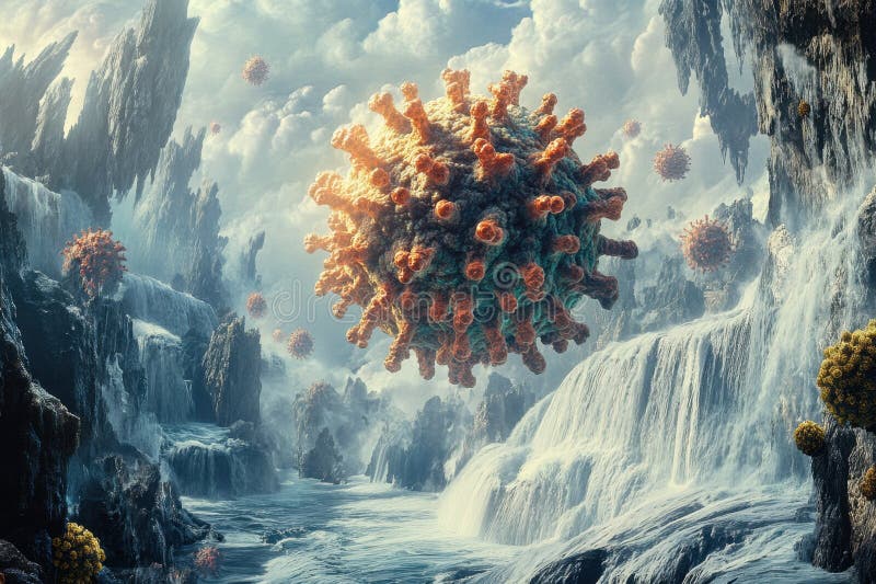 Imaginary Landscape Featuring Floating Viruses in a Surreal Environment ...