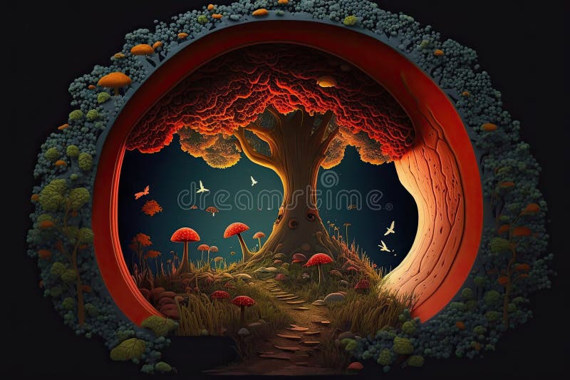 Imaginary Mushroom Filled Garden with a Secret Door Hidden in a Tree ...