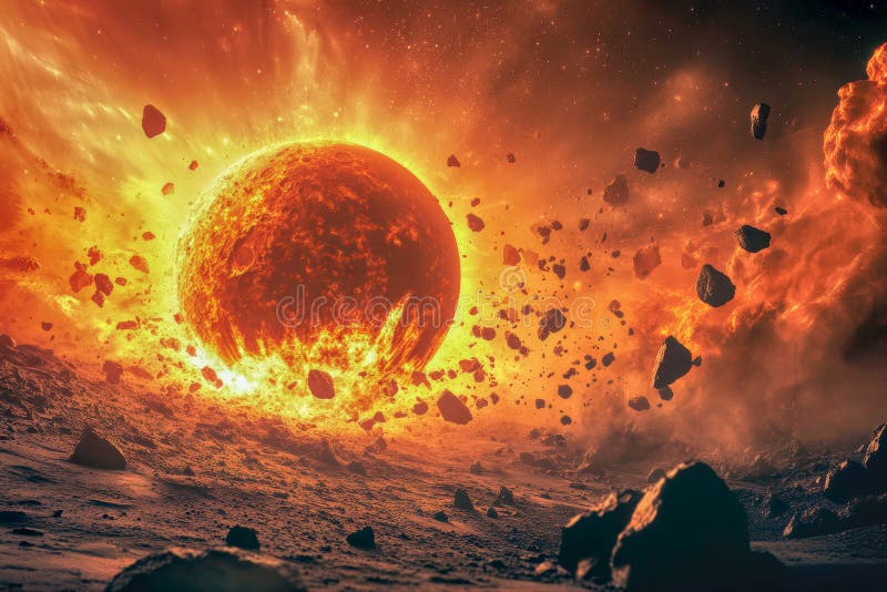Imaginary Planet Burning in Space after a Collision with a Comet, AI ...