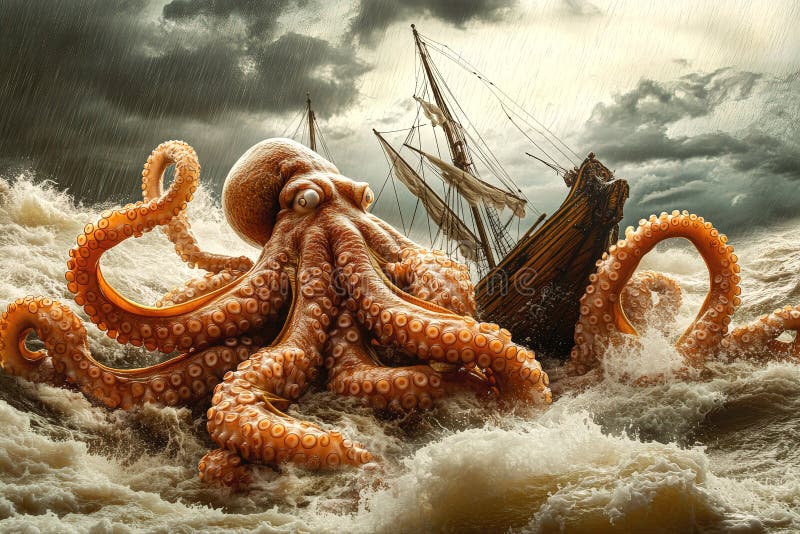 Giant Octopus Entangled with a Sinking Sailing Boat during a Storm, AI ...