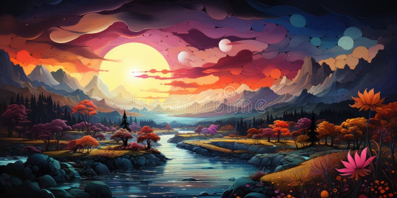 An imaginary scene at dawn stock illustration. Illustration of sunrise ...