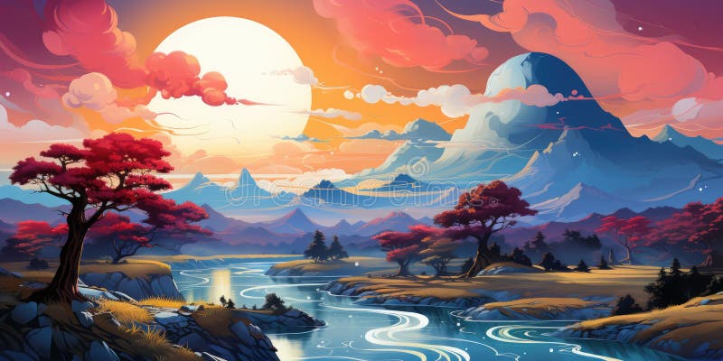 An imaginary scene at dawn stock illustration. Illustration of cloud ...