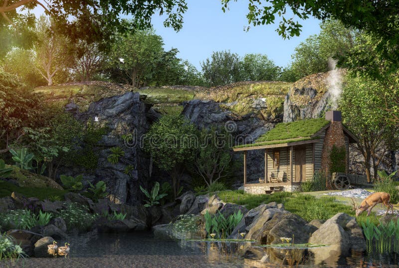 Imaginary Scene of a Small Old Wooden House Simple and Quiet Located on ...