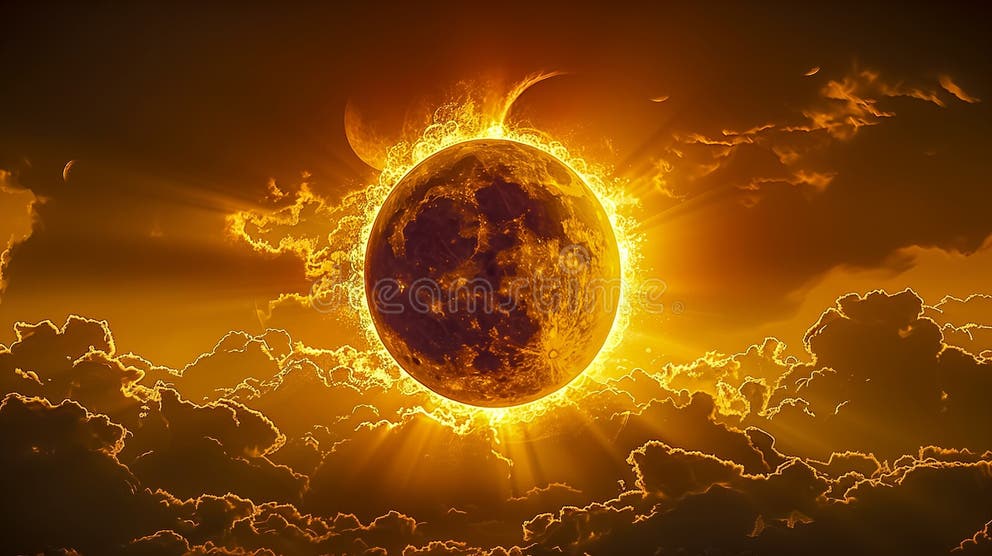 Imaginary Vision of a Solar Eclipse, Fiery Celestial Body Amidst Clouds ...